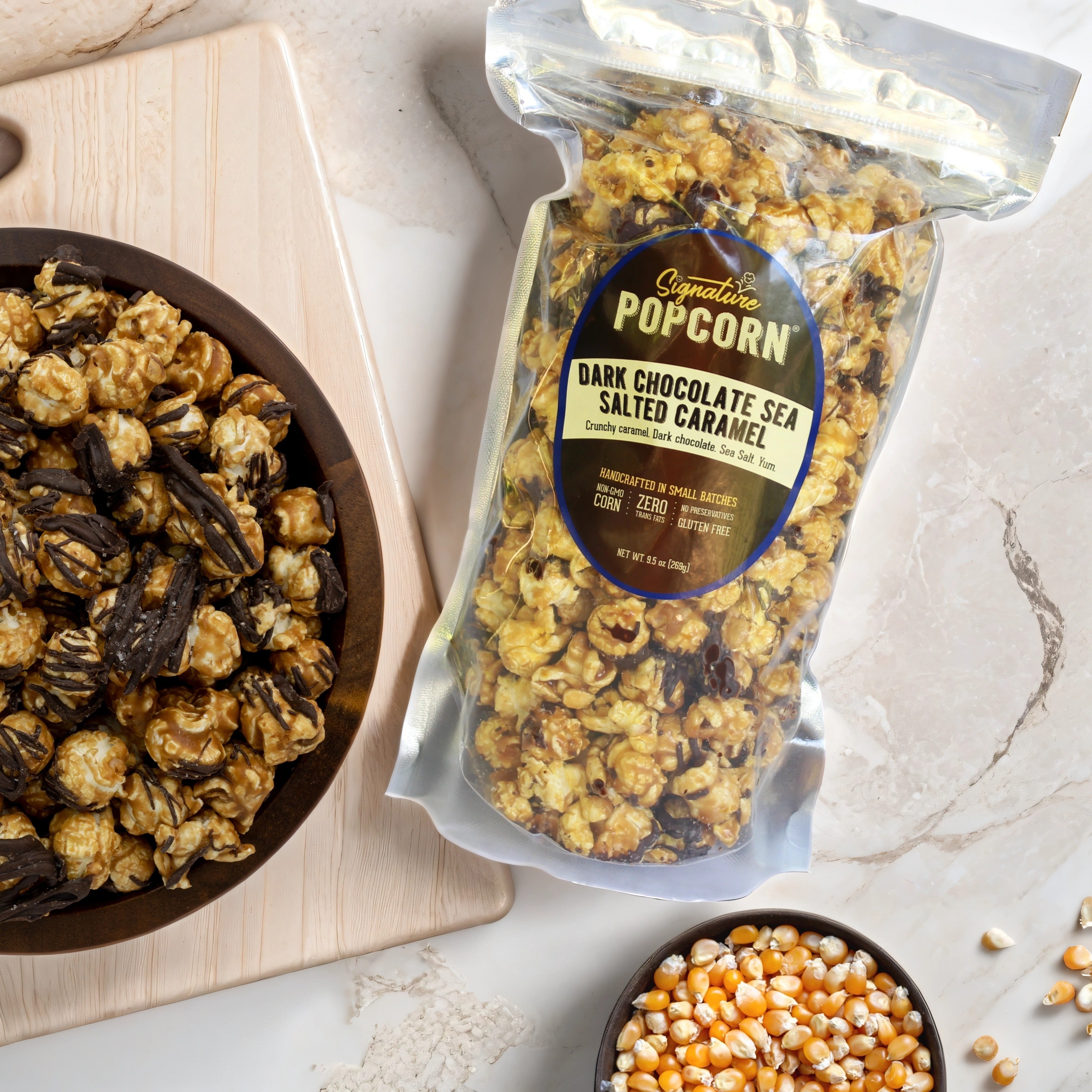 Large Gourmet Dark Chocolate Sea Salted Caramel Popcorn Bag – Signature ...