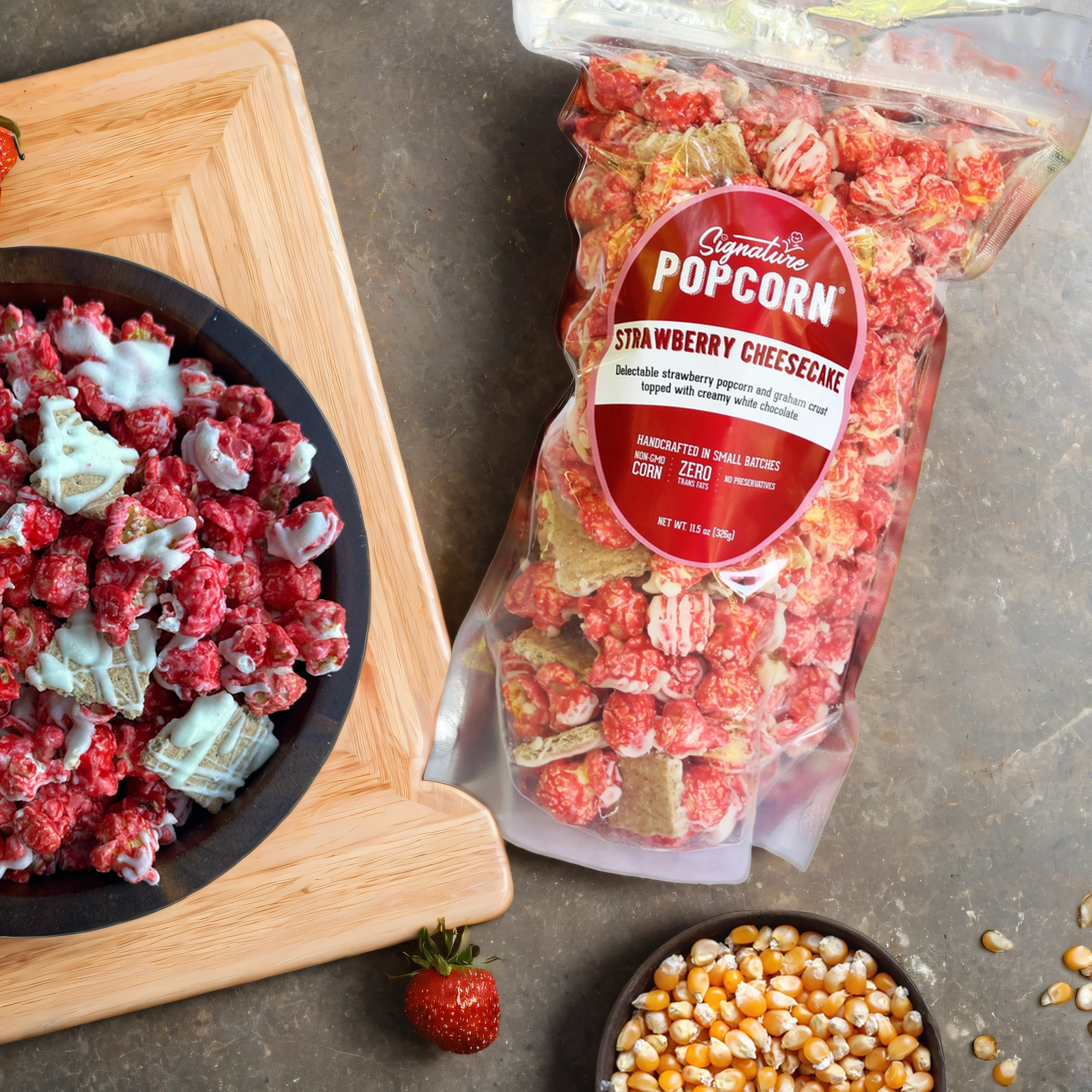 Large Gourmet Strawberry Cheesecake Popcorn Bag – Signature Popcorn